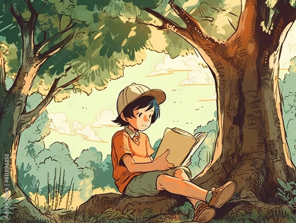 2D cartoon illustration of a child reading a book under a shady tree ...
