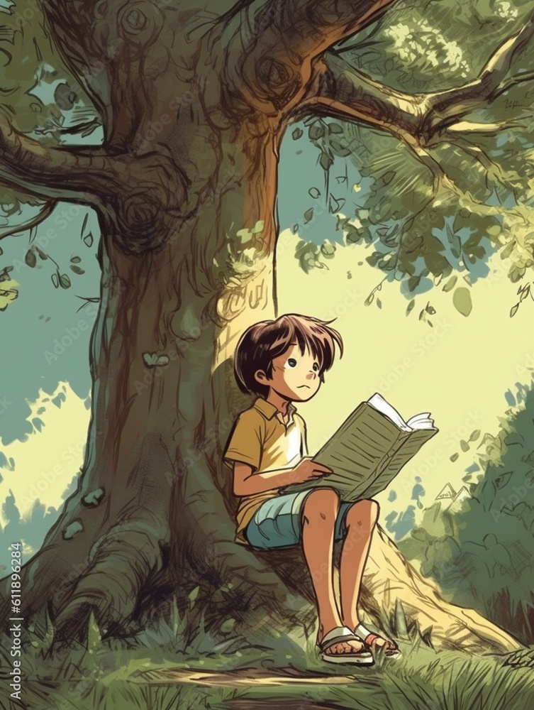 2D cartoon illustration of a child reading a book under a shady tree ...
