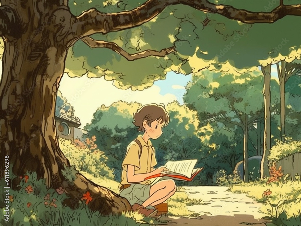 2D cartoon illustration of a child reading a book under a shady tree ...