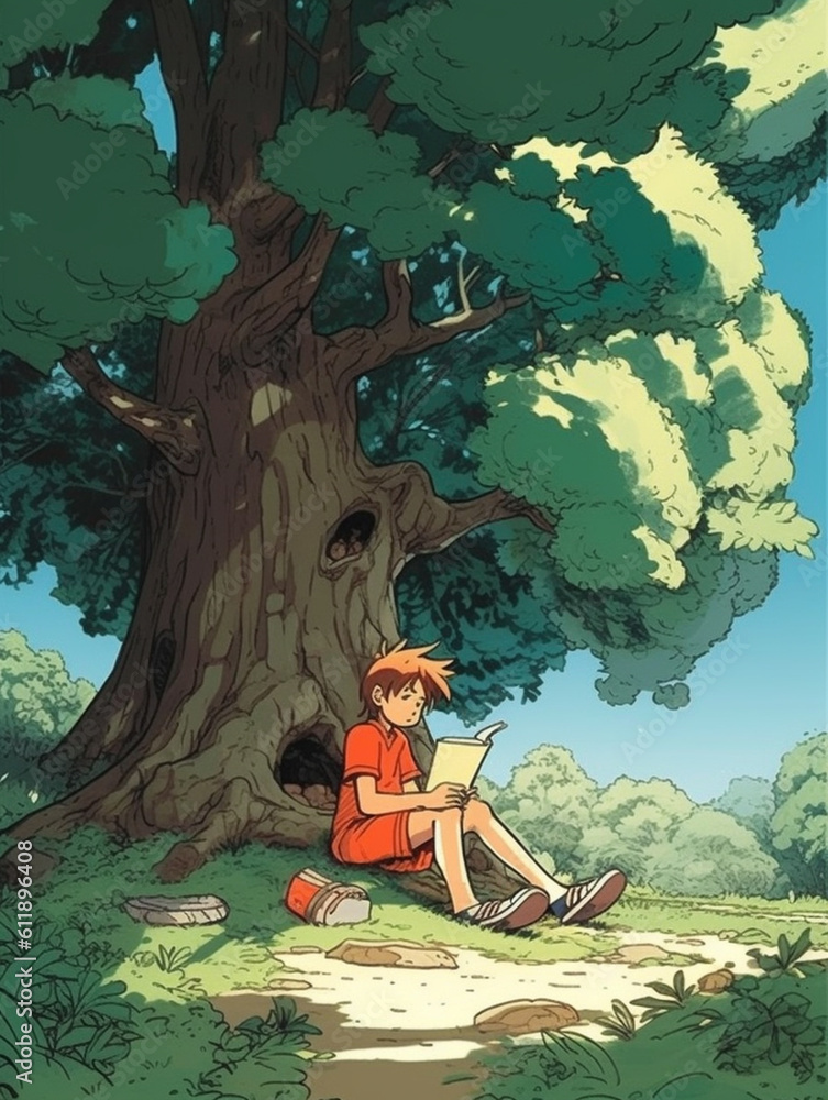 2D cartoon illustration of a child reading a book under a shady tree ...