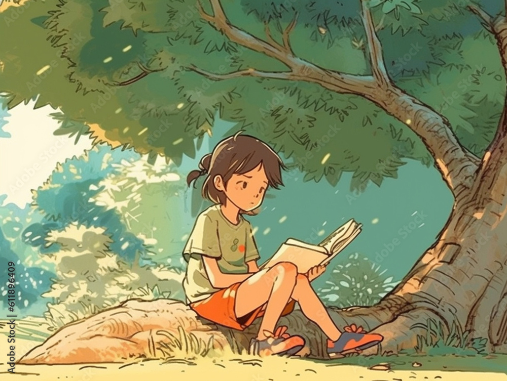 2D cartoon illustration of a child reading a book under a shady tree ...
