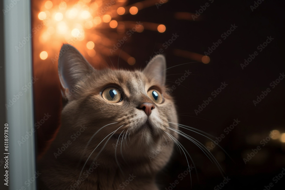 Cat watching fireworks through window. Generative AI illustration Stock ...