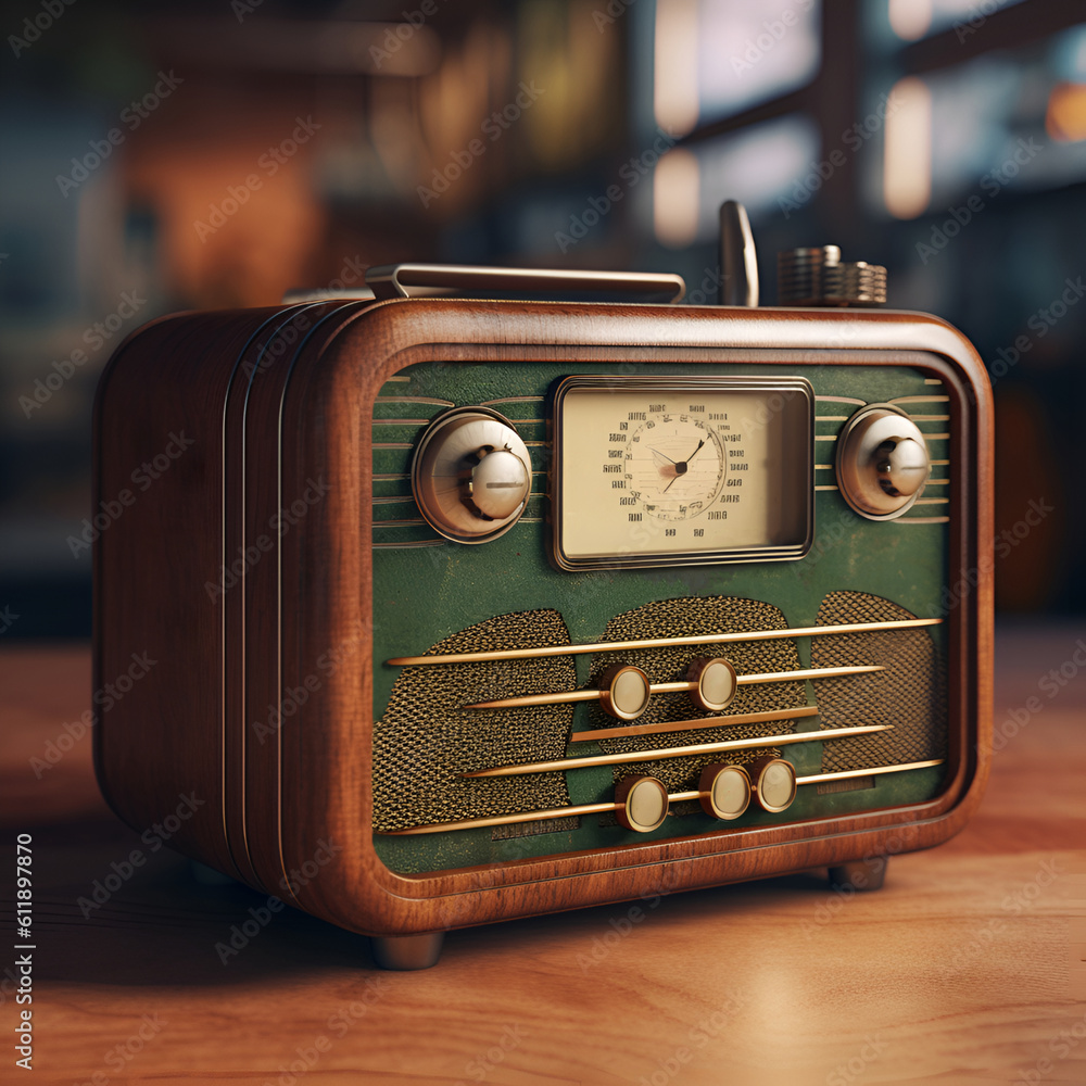 Old retro radio with green eye light on table front gradient background ...