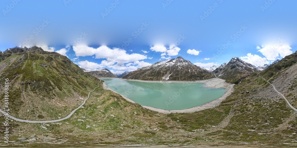 360 degrees. Aerial view of Silvretta Stausee lake and Silvretta ...