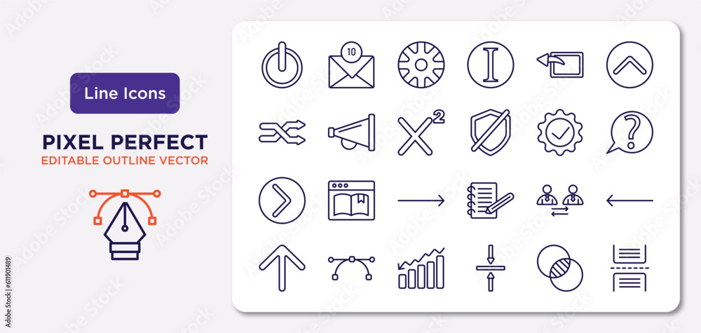 user interface outline icons set. thin line icons such as on off power button, window back ...