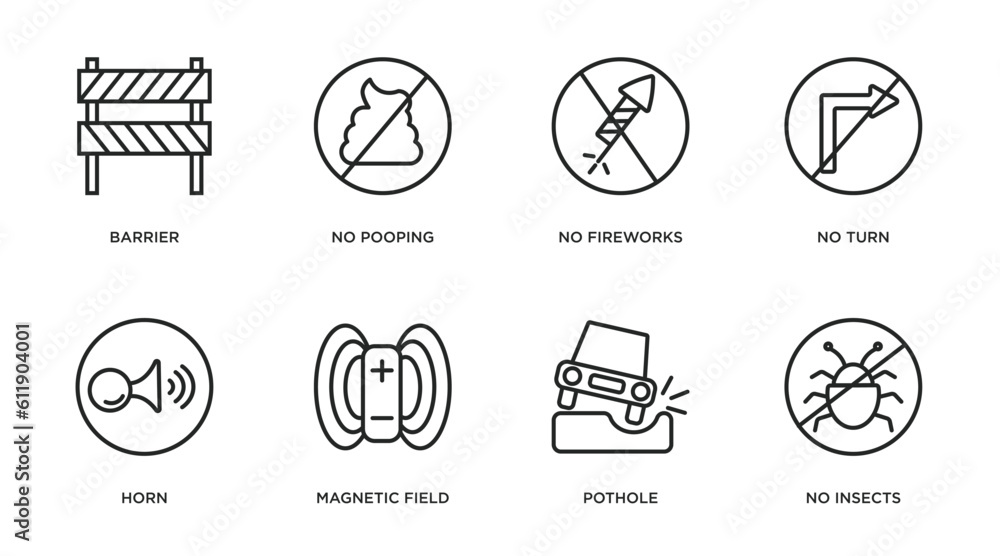 traffic signs outline icons set. thin line icons such as barrier, no ...