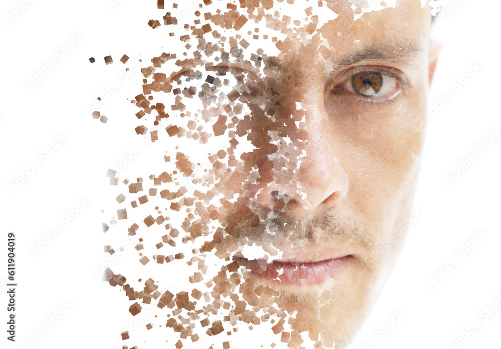 Double exposure portrait of a man's face disappearing into white ...