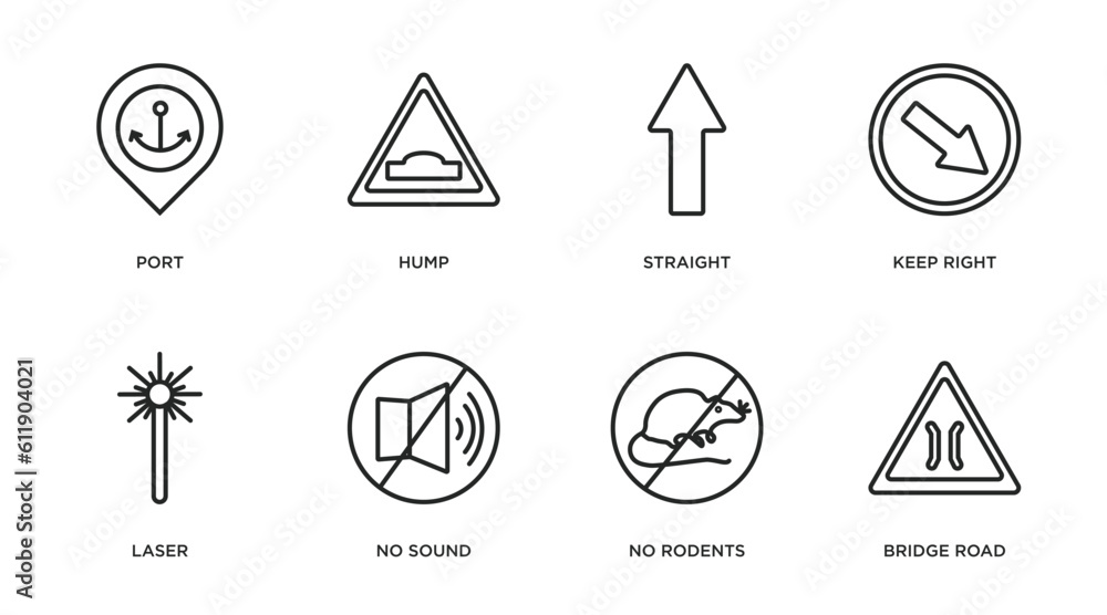 traffic signs outline icons set. thin line icons such as port, hump ...