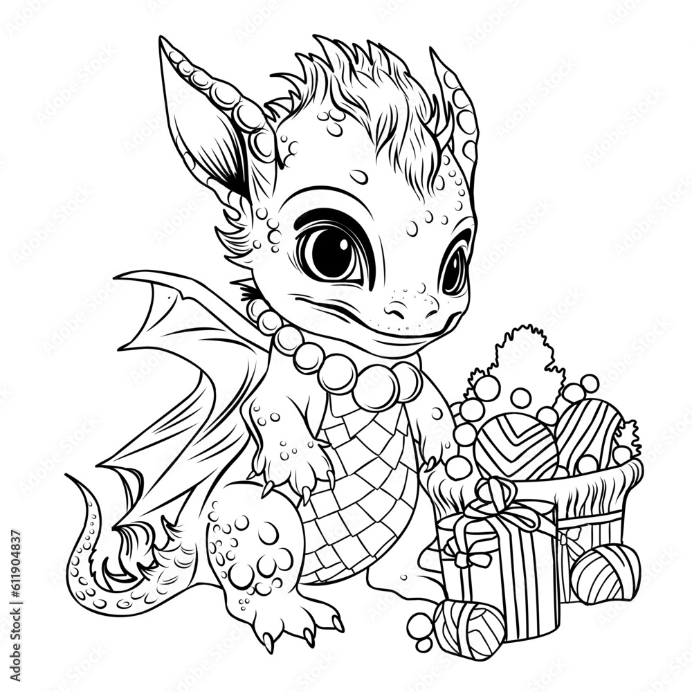 Symbol of 2024 dragon year.Coloring page of cute baby dragon with gifts ...