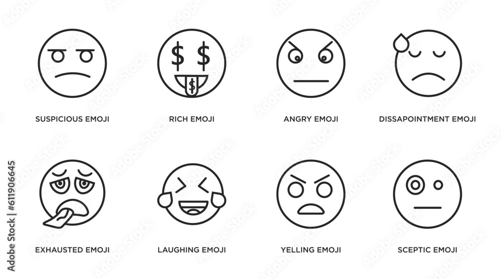 emoji outline icons set. thin line icons such as suspicious emoji, rich ...