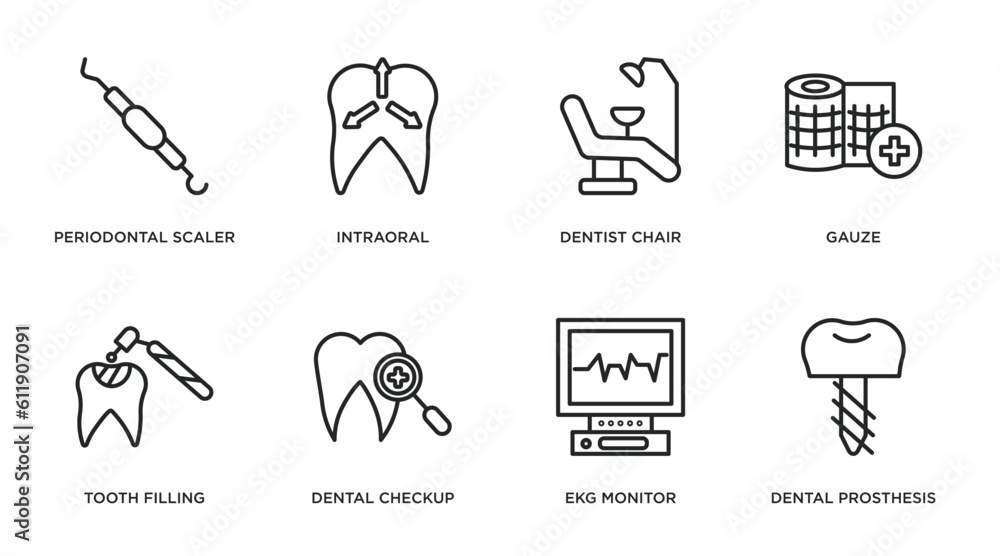 dentist outline icons set. thin line icons such as periodontal scaler ...