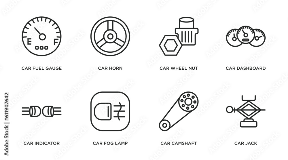 car parts outline icons set. thin line icons such as car fuel gauge ...