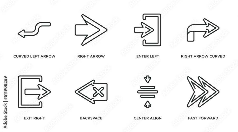 arrows outline icons set. thin line icons such as curved left arrow ...