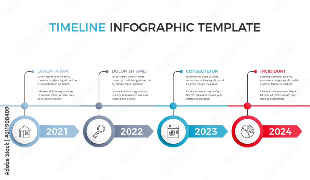 Horizontal timeline infographics template with fours arrow with place ...