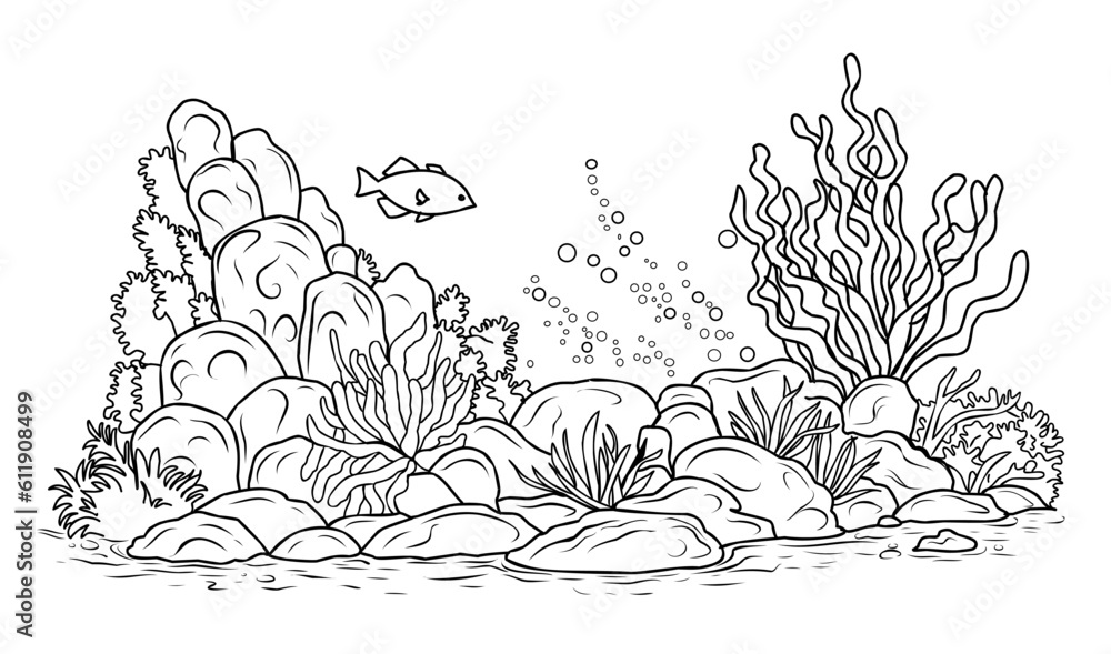 Underwater world coloring page. Coloring page life in the ocean with ...
