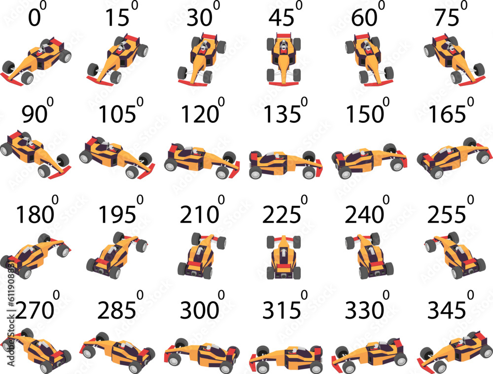 A set of 24 racing cars from different angles. Rotation of the sport ...