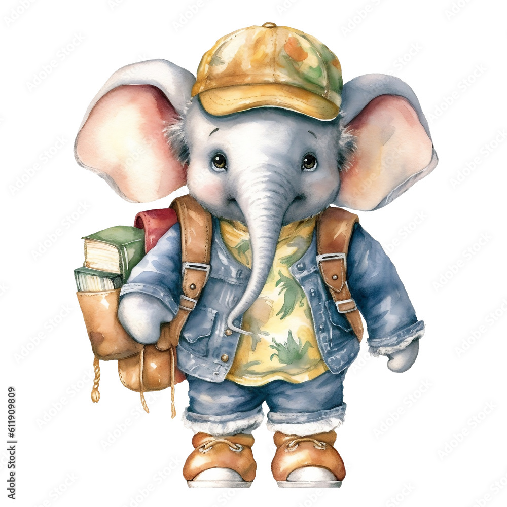 Animal Back to School, Baby Elephant Watercolor Illustration, School ...