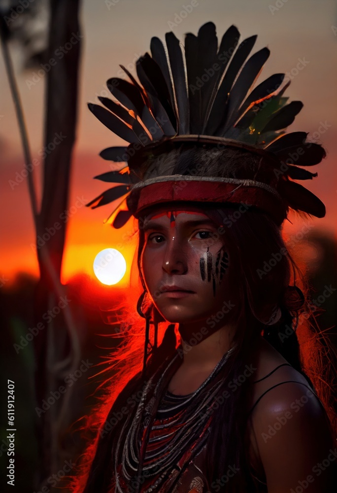 Beautiful young indigenous woman at sunset in the amazon.Generative AI ...