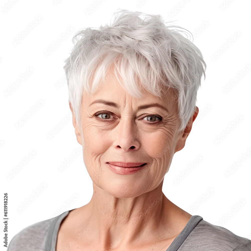 Older beautiful woman with grey color short hair smiling isolated on ...
