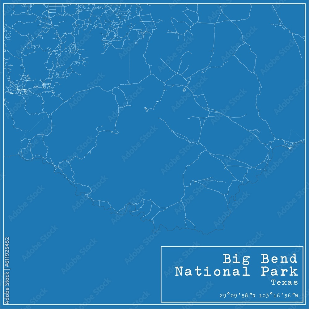 Blueprint US city map of Big Bend National Park, Texas. Stock ...