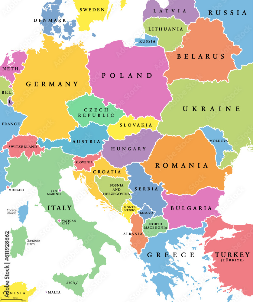 Central Europe, colored countries, political map, with national borders ...