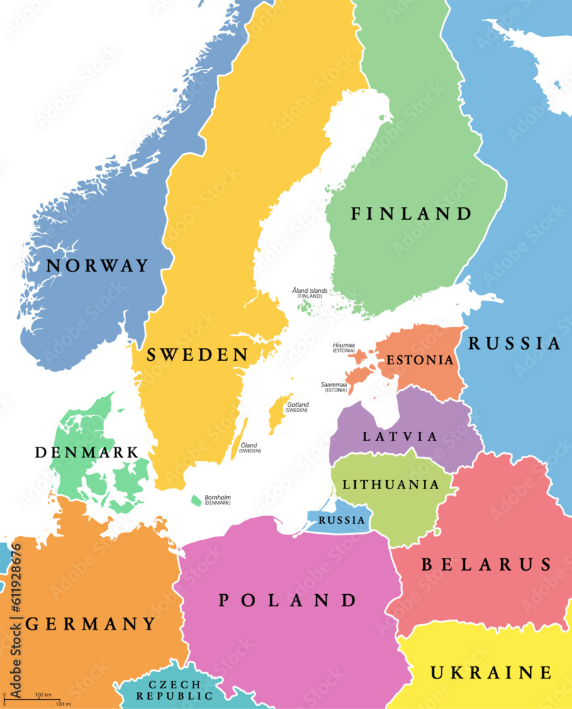 Baltic Sea area, colored countries, political map, with national ...