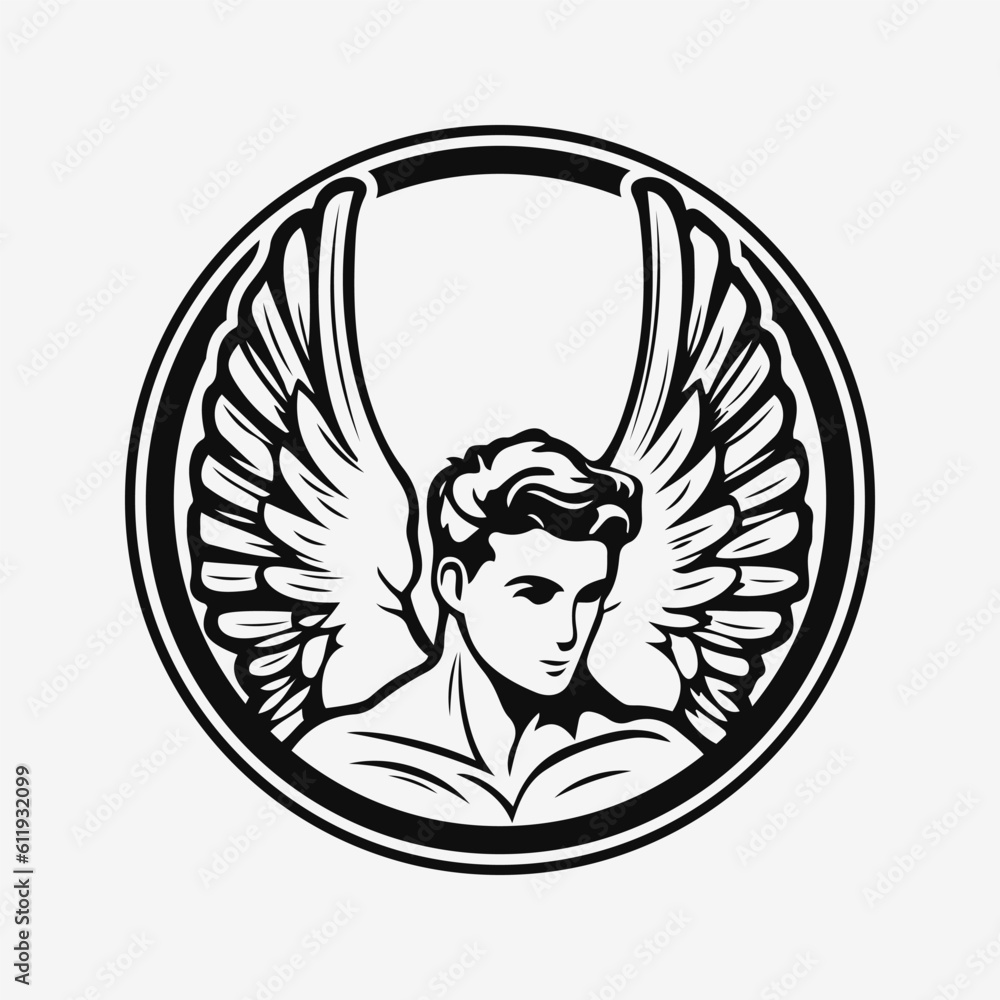Male angel with wings. Black and white logo or mascot design. Vector ...