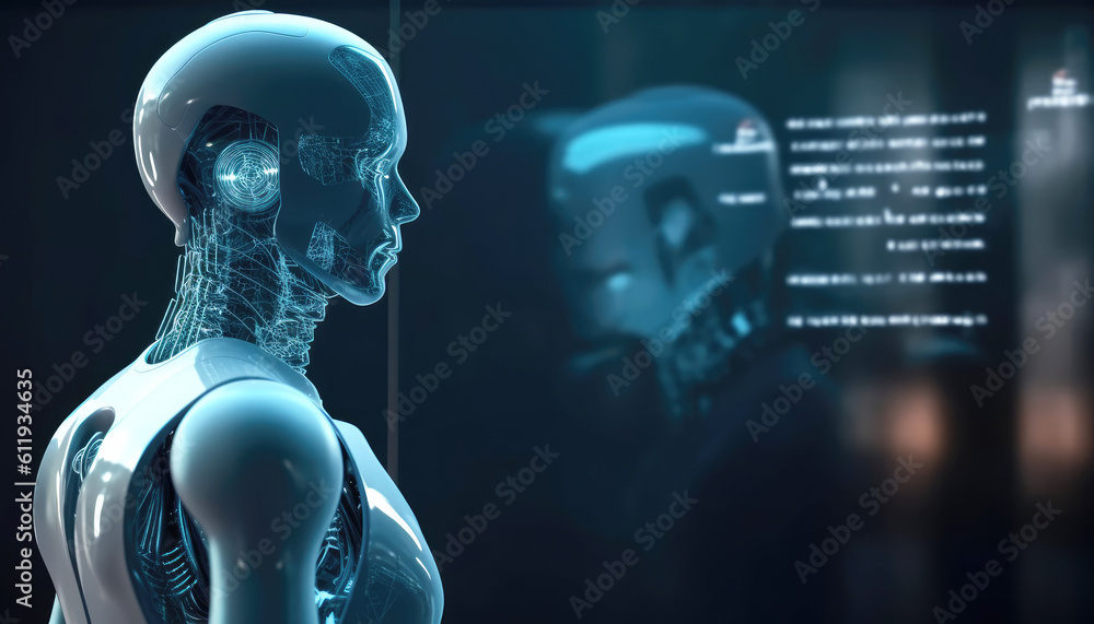 Artificial intelligence robot on blue background programming code with ...