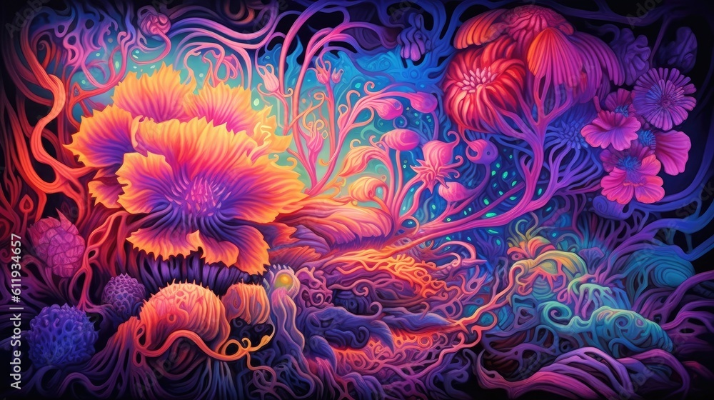 Fluorescent painting UV LIGHT POSTER, abstract drawing from an ...