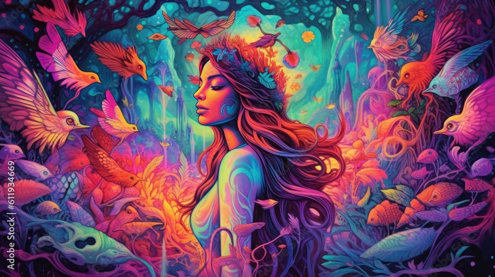 Fluorescent painting UV LIGHT POSTER, abstract drawing from an ...