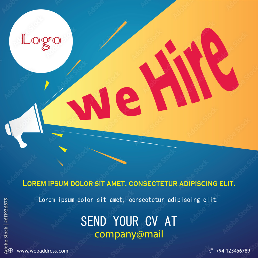 We hire banner in blue and yellow background, megaphone symbol, career ...