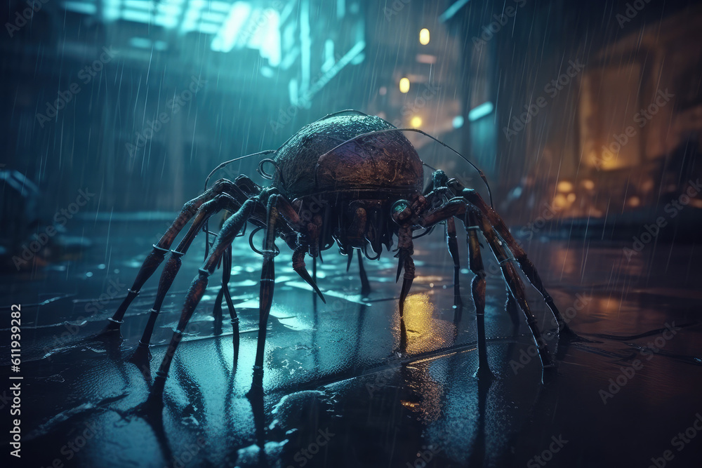Cyberpunk terrifying monster spider standing in a rainy night ...