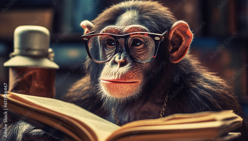 Eyeglasses genius monkey reading book and news for education in school on nature background ...