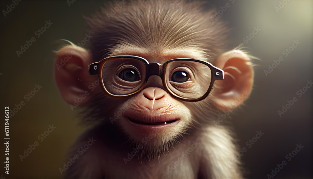 Eyeglasses genius monkey reading book and news for education in school on nature background ...
