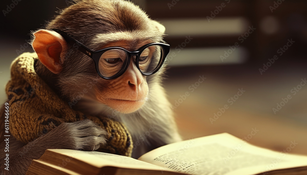 Eyeglasses genius monkey reading book and news for education in school ...