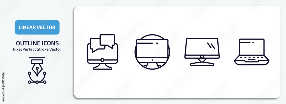 Vetor de computer outline icons set. computer thin line icons pack included online chat ...