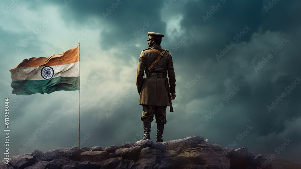 Indian soldier saluting with utmost respect in front of the Flag of ...
