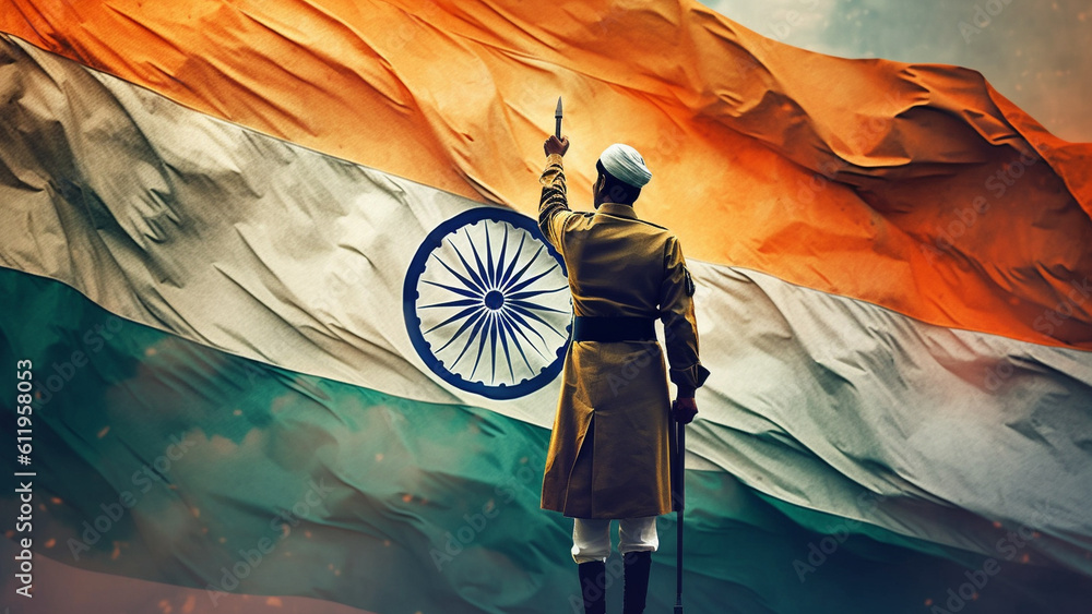 Indian soldier saluting with utmost respect in front of the Flag of ...