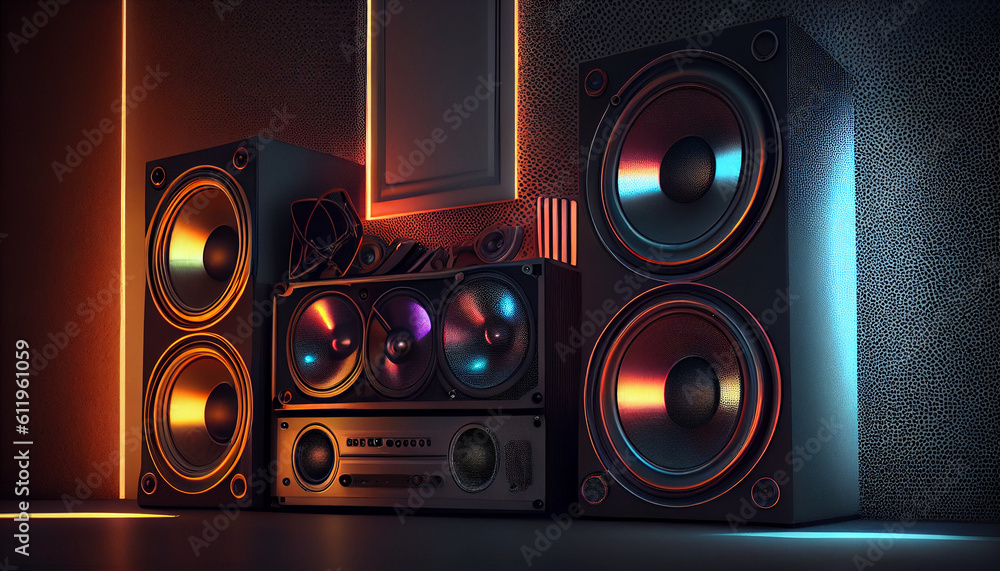 Sound system with loud speakers in interior studio scene neon light ...