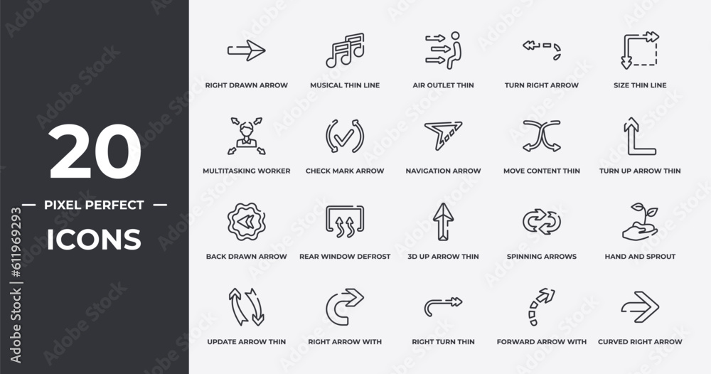 set of user interface outline icons. thin line icons such as right drawn arrow thin line, turn ...