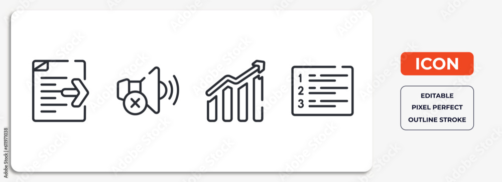 set of user interface outline icons. thin line icons included export archive thin line, sound on ...