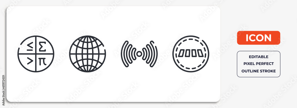 set of signs outline icons. thin line icons included mathematical, world grid thin line ...