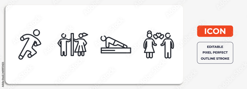 set of people outline icons. thin line icons included man pushing a ...
