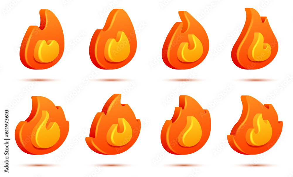 3d fire flame collection isolated on white background. 3d cartoon ...