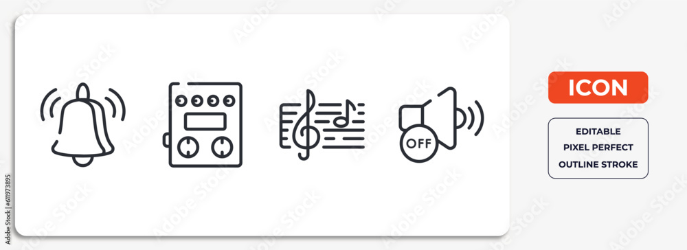 set of music and multimedia outline icons. thin line icons included alarming bell thin line ...