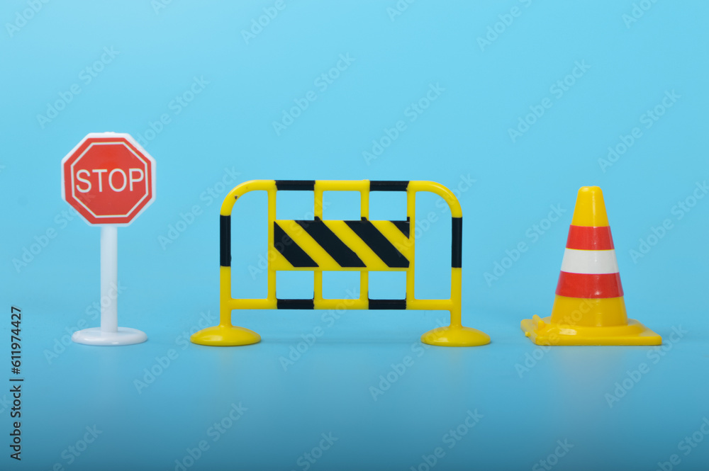 Traffic road repair barriers set with text under construction. Safety ...