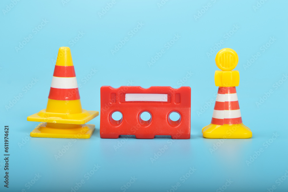 Traffic road repair barriers set with text under construction. Safety ...