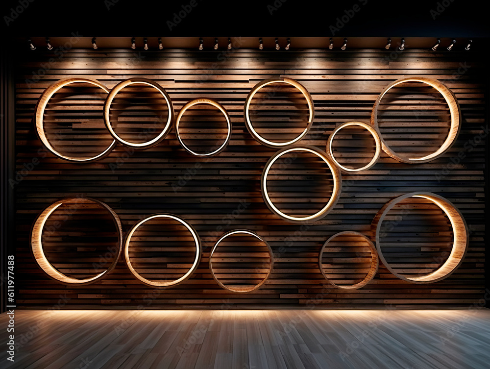 Circle wooden wall design on empty room interior background. Modern ...
