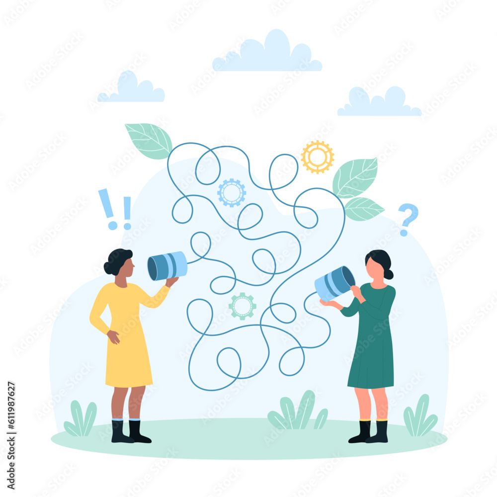 Bad communication vector illustration. Cartoon tiny girls with tin can ...