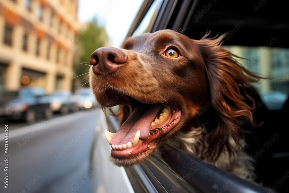 A funny happy dog leaned out of the window of a moving car on a city ...